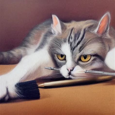 Cat Drawning Himself With Brush On Canvas Realistic Stable Diffusion