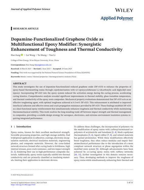 Dopamine‐functionalized Graphene Oxide As Multifunctional Epoxy