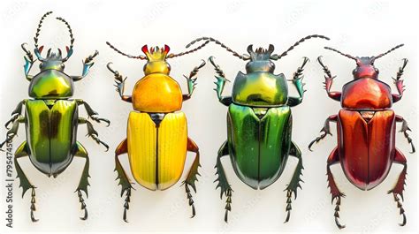 Rainbow Beetles Isolated On White Different Color Forms Stag Beetles