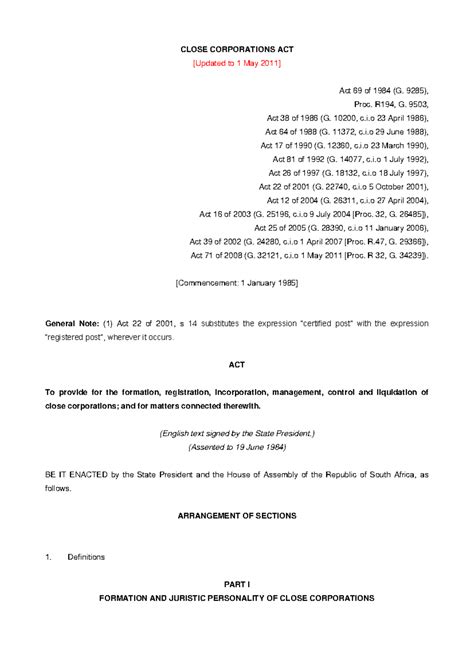 Close Corporations Act 69 Of 1984 Updated Version Legislation Studocu