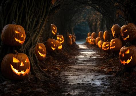 Premium Ai Image Creepy Pumpkins Guarding A Haunted Pathway