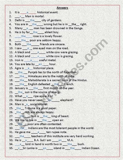 Articles With Answers Worksheet English Grammar Worksheets English