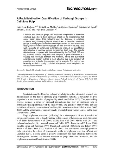 A Rapid Method For Quantification Of Carboxyl Groups In Cellulose Pulp