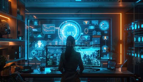 female cybersecurity analyst monitoring global data network stock