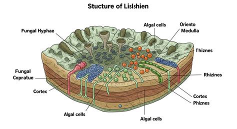 Cross Section Illustration Of A Lichen Structure With Labeled