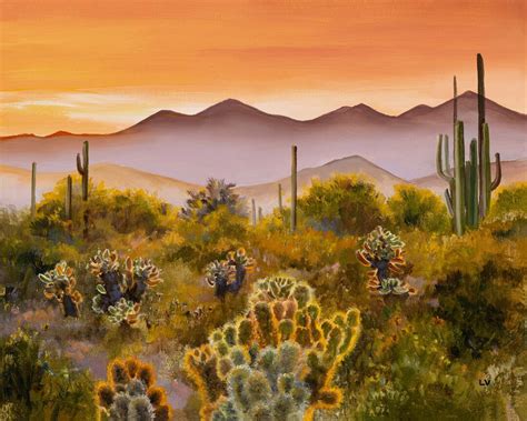 Sunset Arizona Desert Original Painting Saguaro National Park