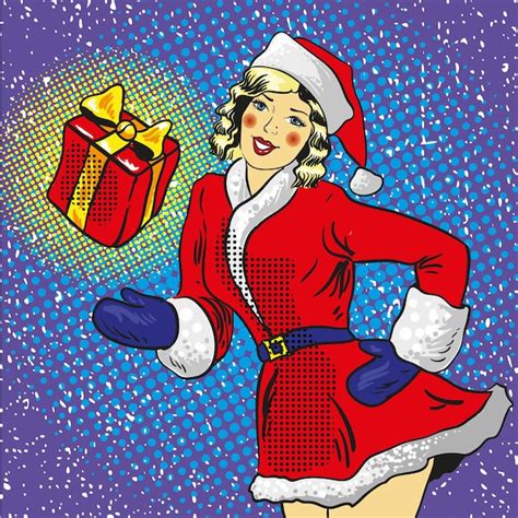 Sexy Santa Pin Up Garota Em Vestido Vermelho Segurando Um Presente