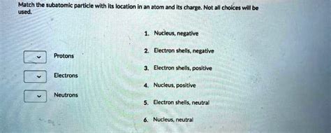 SOLVED Match The Subatomic Particle With Its Location In An Atom And Its Charge Not All