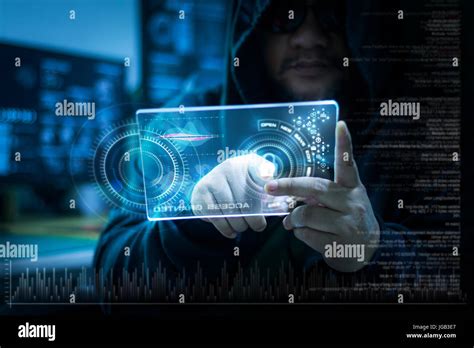 Hacker Using Clear Tablet With Hud Panel And Code Graph Bar Data
