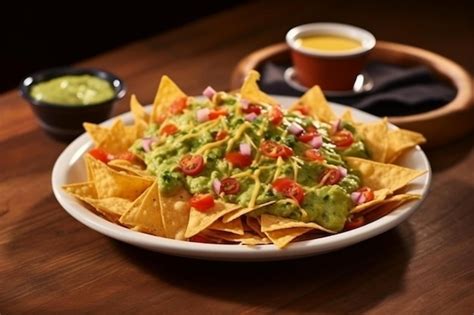 Premium Photo Top View Tasty Nachos With Guacamole On The Table