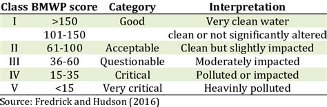 bmwp classes scores categories and interpretation of the result