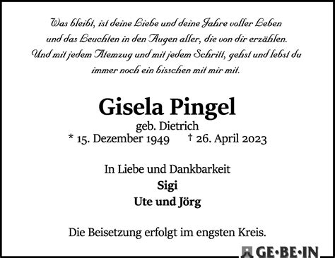 Traueranzeigen Von Gisela Pingel Trauer And Gedenken