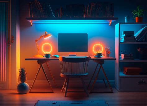 Premium Photo A Home Office Setup With Computer On Desk And Houseplants Dark Room With Neon Lights