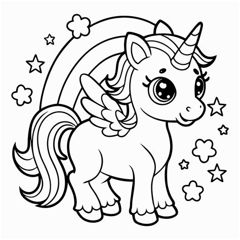 Cute Magical Unicorn And Rainbow Black And White Coloring Page