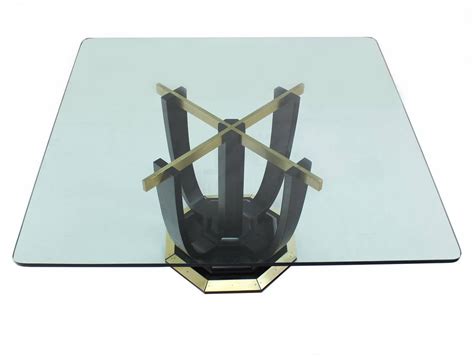 Large Square Glass Top Black Lacquer Brass Base Dining Or Conference