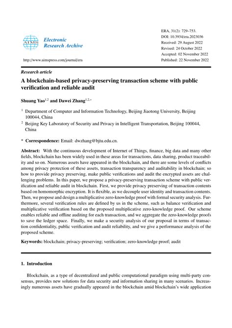 Pdf A Blockchain Based Privacy Preserving Transaction Scheme With Public Verification And