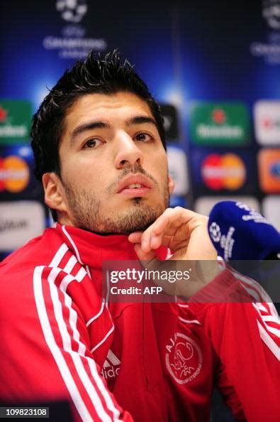 Ajax Amsterdams Forward Luis Suarez Attends A Press Conference On