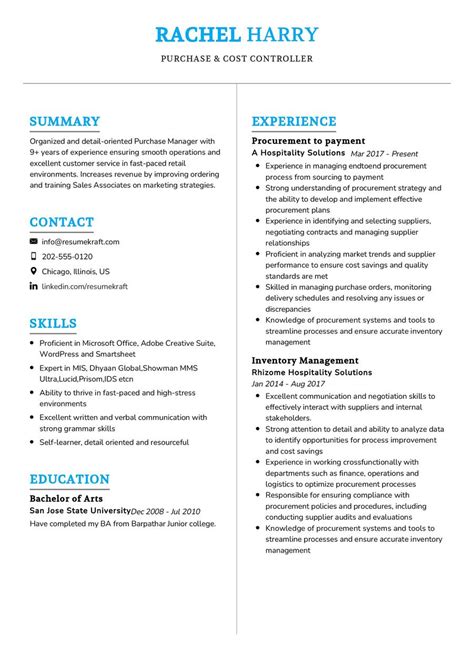 Purchase And Cost Controller Cv Example In 2026 Resumekraft
