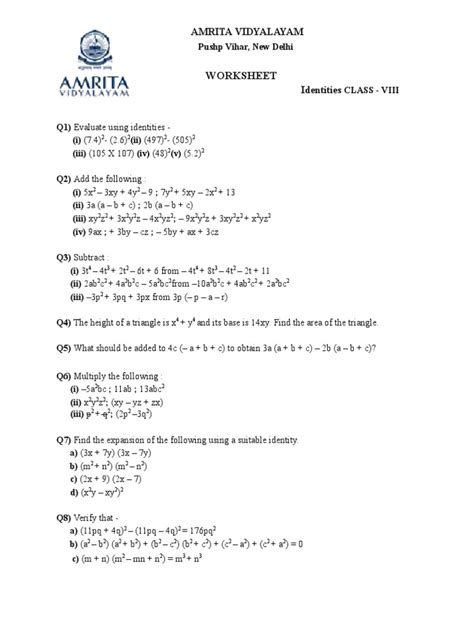 Revision Worksheet Algebraic Expressions And Identities Pdf