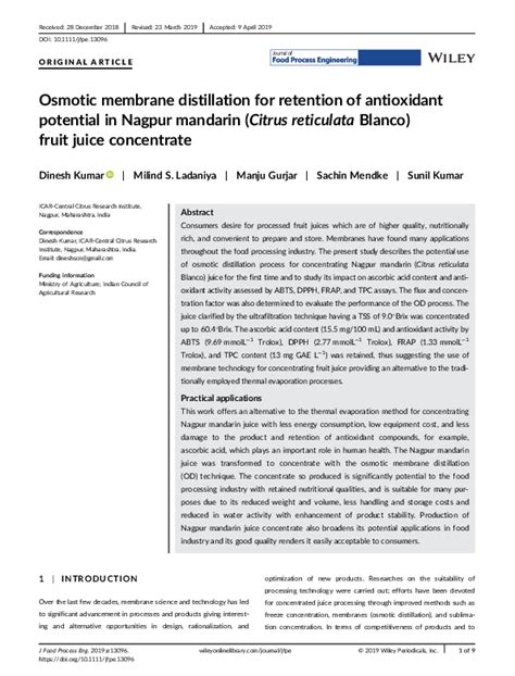 Pdf Osmotic Membrane Distillation For Retention Of Antioxidant Potential In Nagpur Mandarin