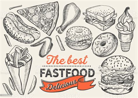 패스트 푸드 일러스트 햄버거 피자 빈티지 배경에 레스토랑 도넛 벡터 손으로 그린 카페와 트럭에 대 한 포스터 레터링으로 디자인 하 고 그래픽 디저트 음료를 낙서 복고풍에