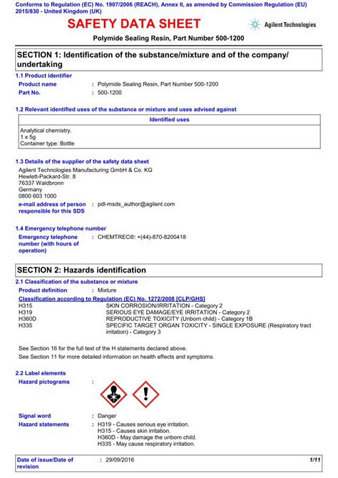 Pdf Safety Data Sheet Data Sheet Polymide Sealing Resin