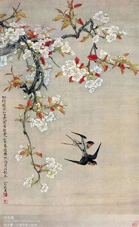 国工笔画花鸟有桃花和燕子 花瓣网