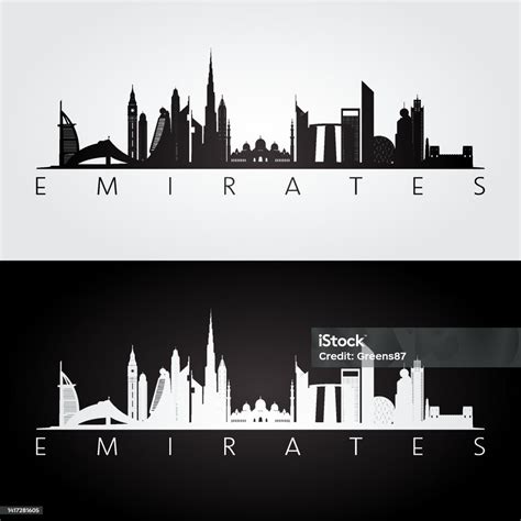 아랍 에미리트 스카이 라인과 랜드 마크 실루엣 흑백 디자인 벡터 일러스트레이션 두바이에 대한 스톡 벡터 아트 및 기타 이미지 두바이 스카이라인 아랍에미리트 연합