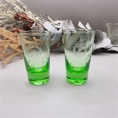 Etched Green Glass Shot Glasses Pair Curious Finds