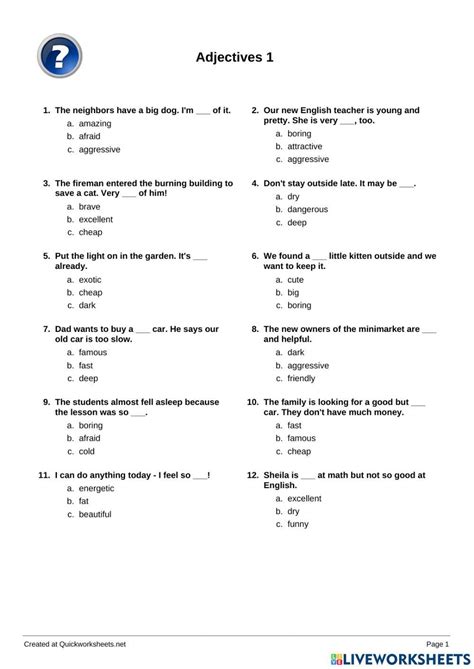 Adjectives 1 Multiple Choice Online Exercise For Live Worksheets