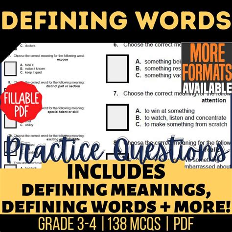 Defining Words Practice Questions Vocabulary Grade 3 4 Fillable Pdf