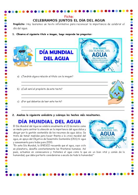 Agua Salci Cuidemos El Agua Ficha Celebramos Juntos El DÍa Del Agua Propósito Hoy Leeremos