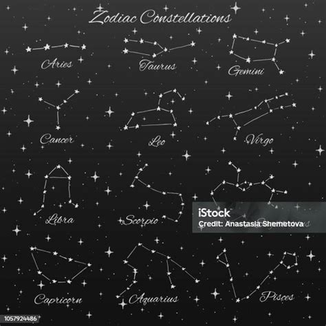 손으로 그린된 벡터 12 표지판의 조디악 별자리 세트 양자리 황소 자리 쌍둥이 자리 암 레오 처녀자리 천칭 자리 전갈 자리 궁수자리 염소 자리 물병자리와 물고기 어두운