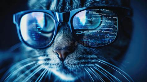 Hacker Cat Works At Computer In Dark Room Digital Code Reflected In