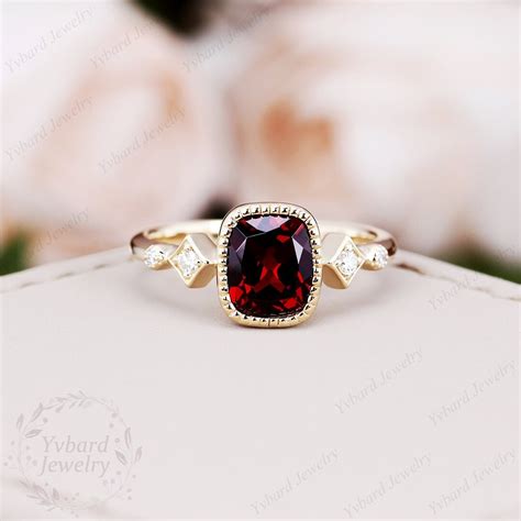 Natural Garnet Ring Solid Yellow Gold Engagement Ring Diamond Wedding