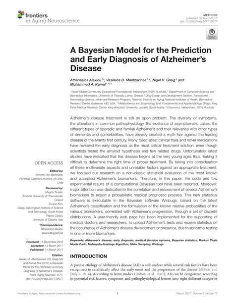Pdf A Bayesian Model For The Prediction And Early Diagnosis Of Alzheimers Disease