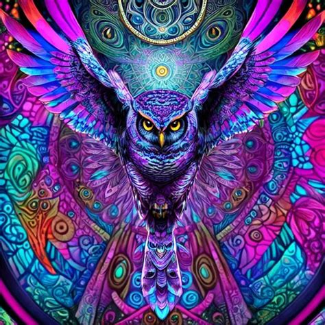 A Psychedelic Surreal And Intense Image Of An Owl