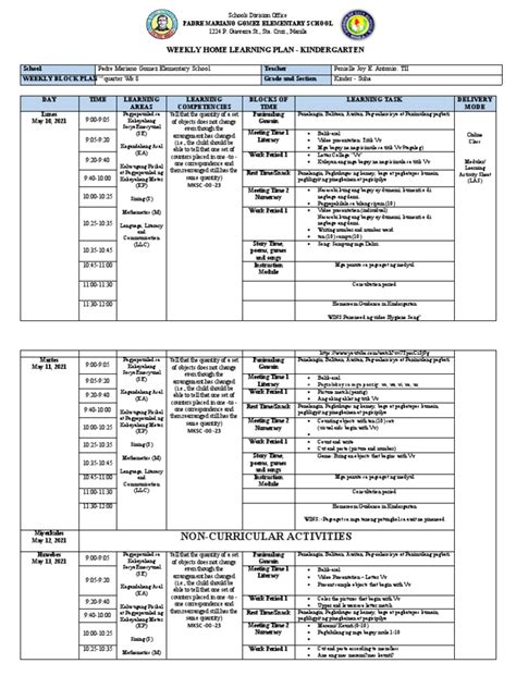 Weekly Home Learning Plan Kindergarten Pdf Learning Writing