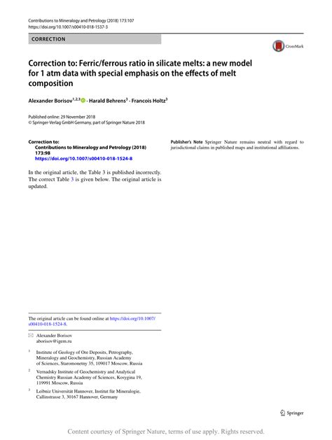 Correction To Ferricferrous Ratio In Silicate Melts A New Model For