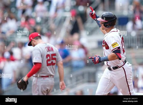 Atlanta Braves Austin Riley 27 Celebrates After Hitting A Two Run