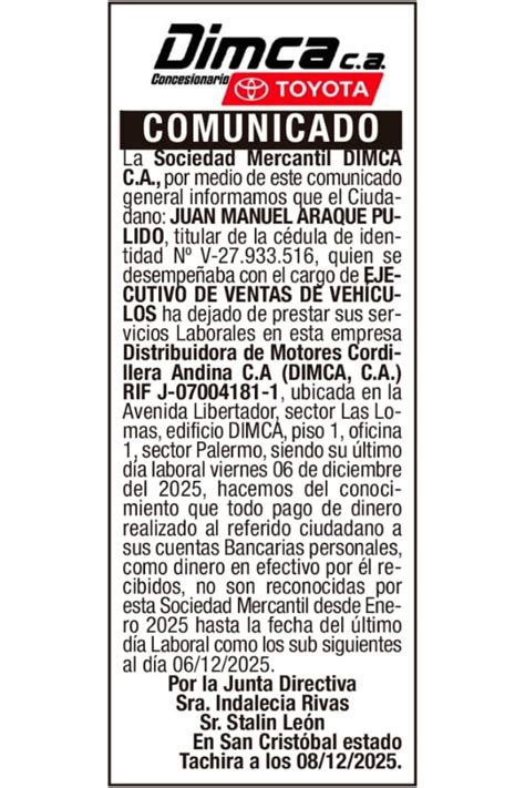 Comunicado Sociedad Mercantil Dimca Ca El Nacional