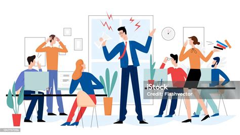 사무실 평면 벡터 일러스트에서 화가 보스 분노한 최고 관리자에 의해 충격을 받은 무서운 직원들 스트레스 벡터 만화 문자 누락 된