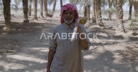 استخدام المزارع للأدوات الزراعية التقليدية التجول في المزرعة بين الأشجار الكبيرة تصوير من