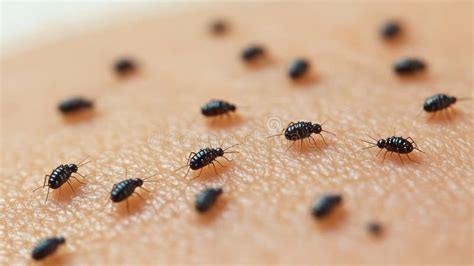 close up view many tiny bugs crawling on persons skin potential