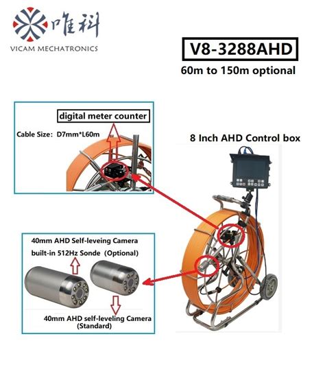 Vicam 40mm Self Leveling Video Pipe Inspection Camera 60m 150m V8