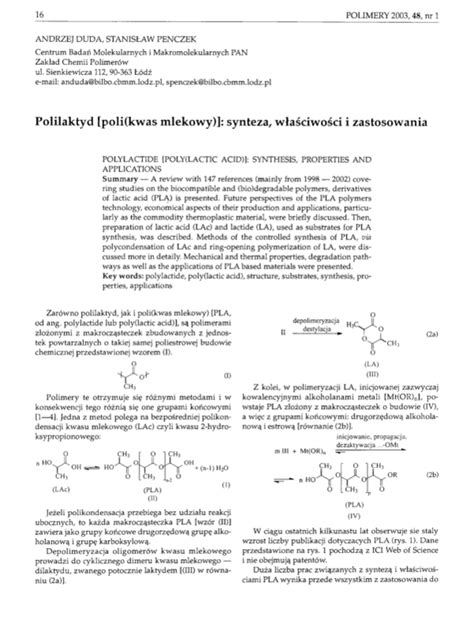 Pdf Polylactide Polylactic Acid Synthesis Properties And