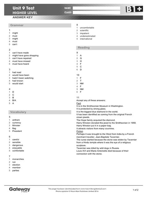 B1 Unit 9 Test Answer Key Higher Pdf