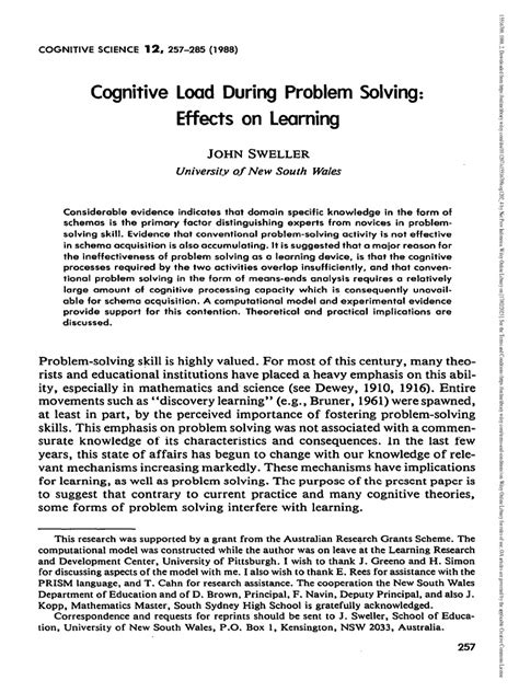 cognitive science april 1988 sweller cognitive load during