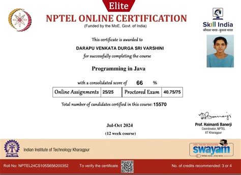 Nptel Programminginjava Swayam Onlinecertification Iitkharagpur Sri Varshini Darapu