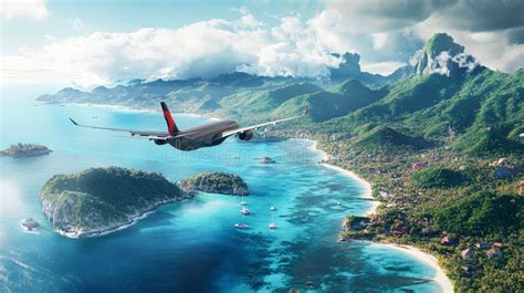 Un Avión Majestuoso Sobrevolando Un Paraíso Tropical Con Playas Serenas